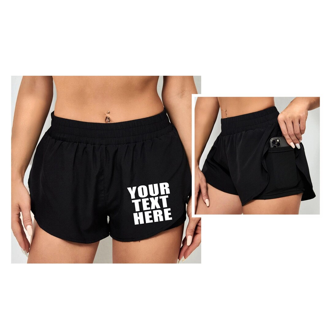 YOUR TEXT HERE Black Fitness Shorts Double Phone Pocket Front Custom ...