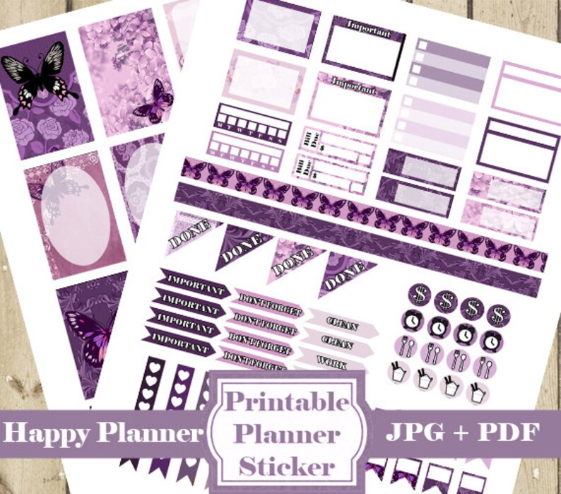 BUTTERFLY Planner Stickers Kit 105 Purple Printable Planner Stickers ...
