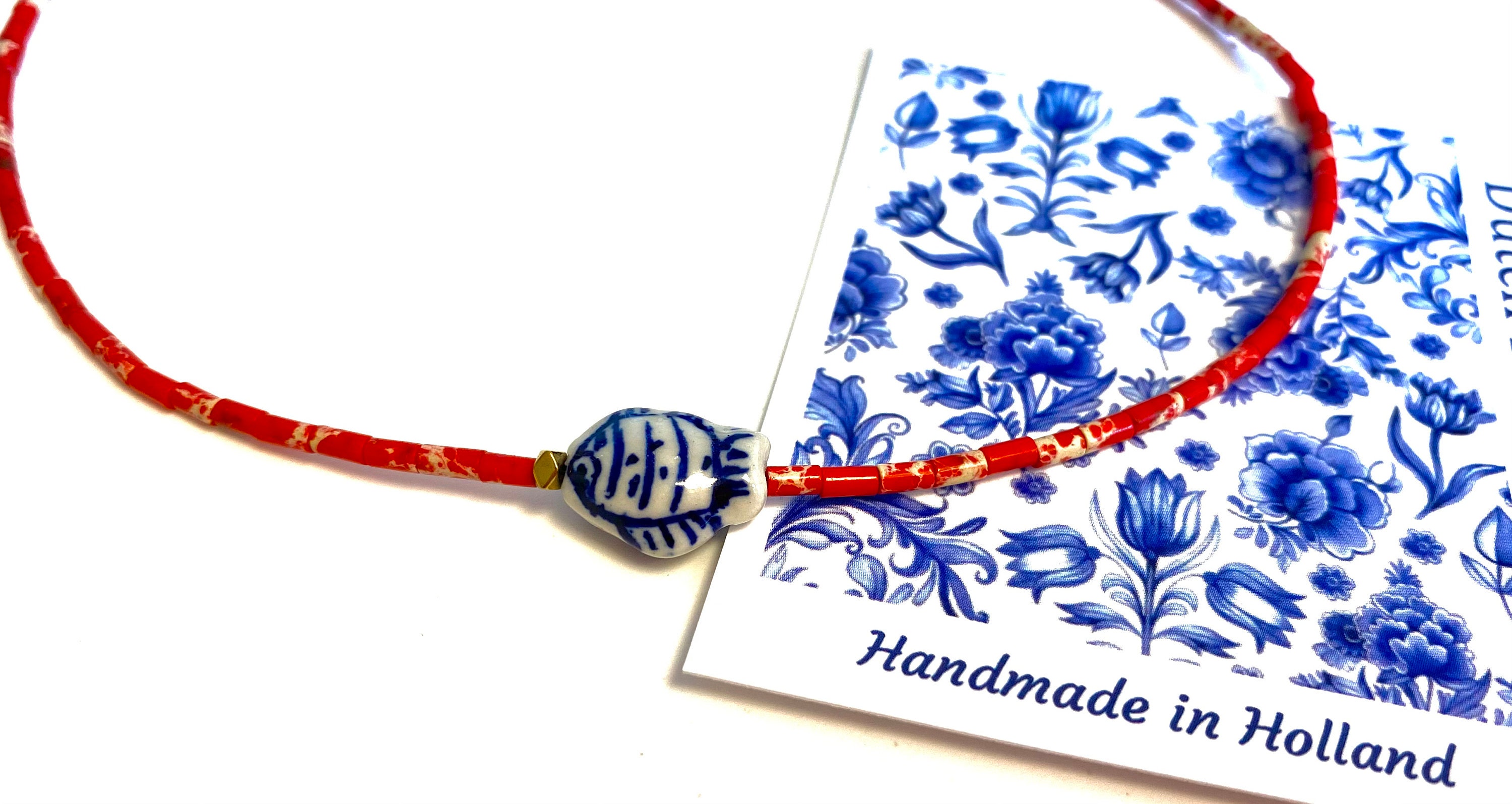 Necklace Red Emperor Stone and Delft Blue Fish / Holland Collection - Etsy