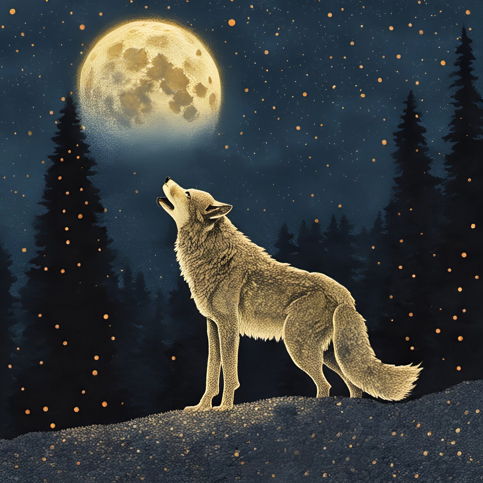 A Wolf's Howl in Moonlight,wolf Art,nature-themed Art,night Time Wolf ...