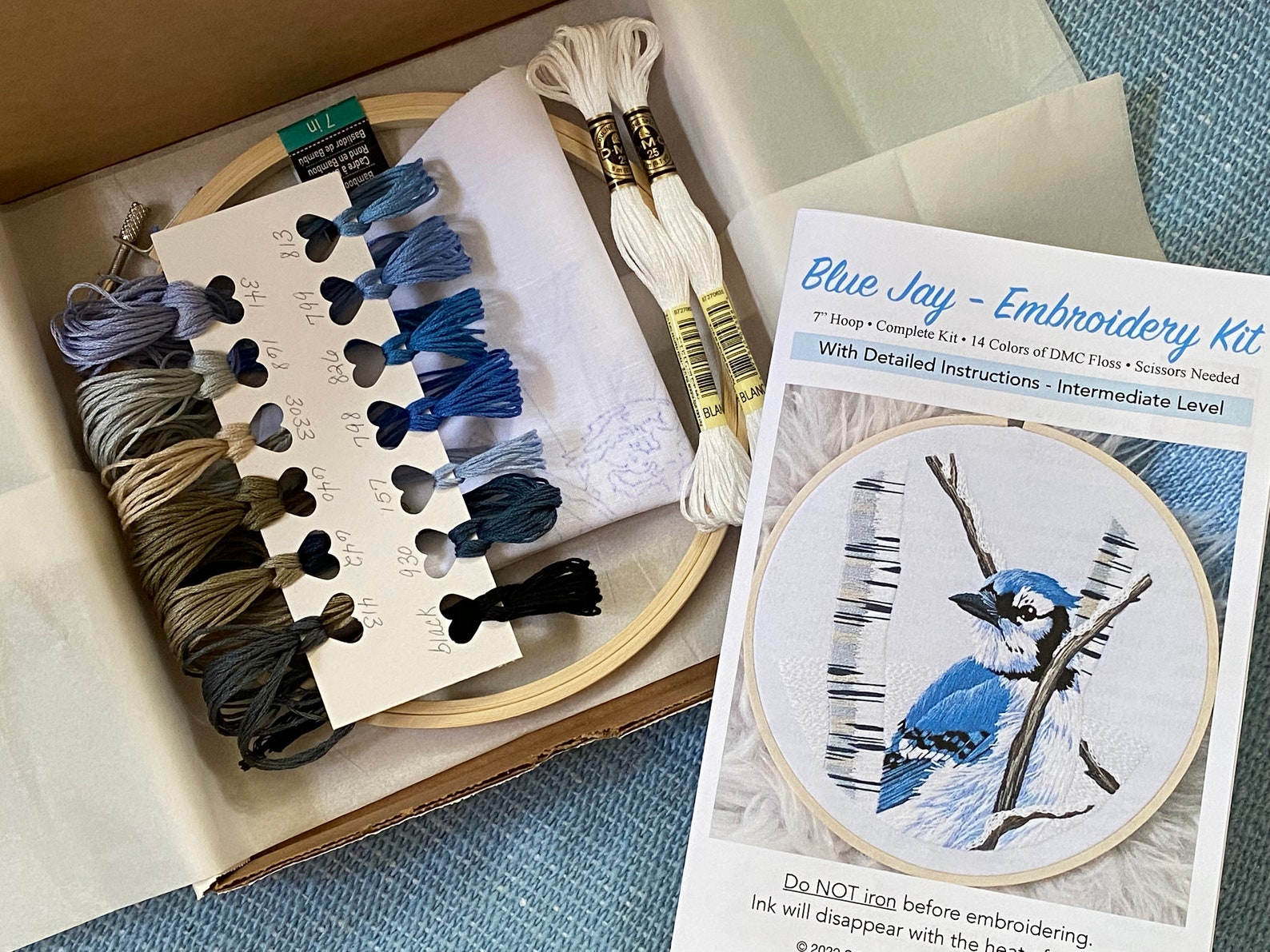 Blue Jay Embroidery Kit, Complete Kit, Detailed Instructions, DMC Floss ...