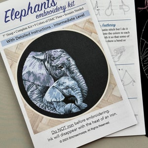 Elephant Embroidery Kit, Complete Kit, Detailed Instructions, DMC Floss ...