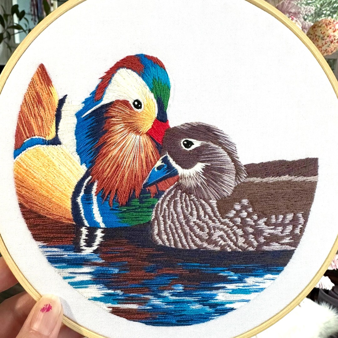 Mandarin Ducks Embroidery Kit: Custom Bird Design, Hand Drawn Pattern ...