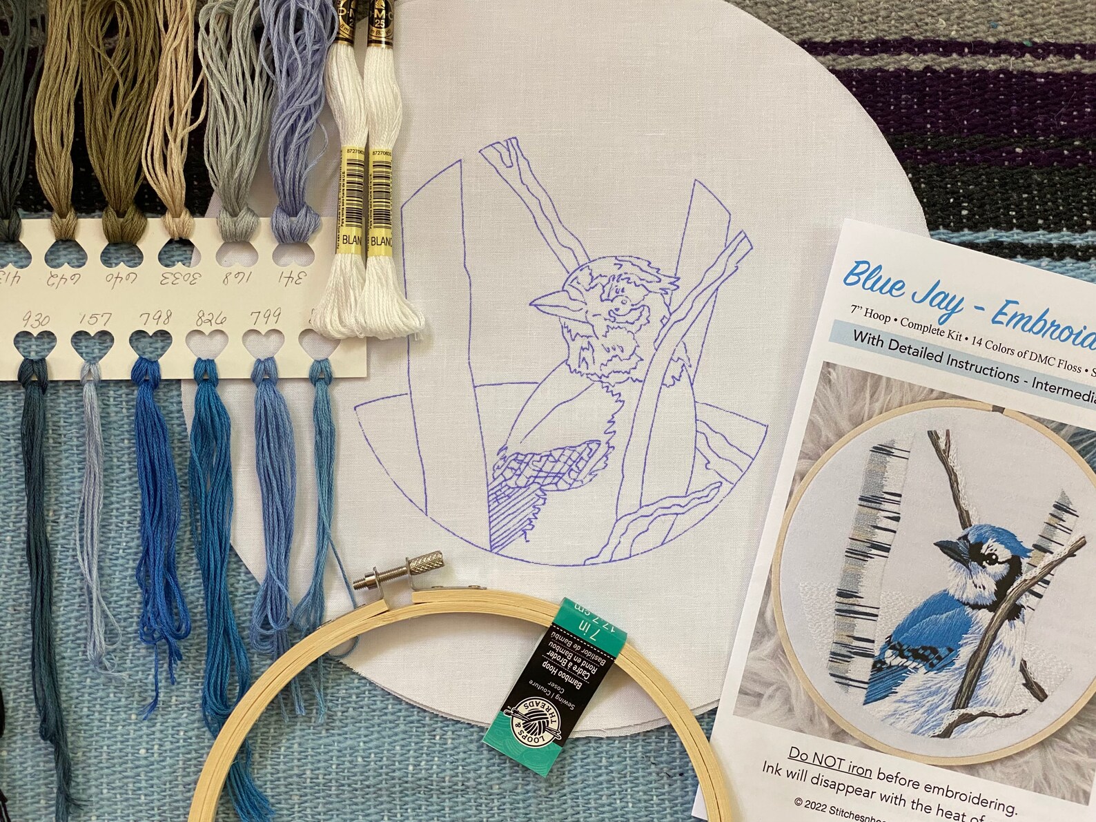 Blue Jay Embroidery Kit, Complete Kit, Detailed Instructions, DMC Floss ...
