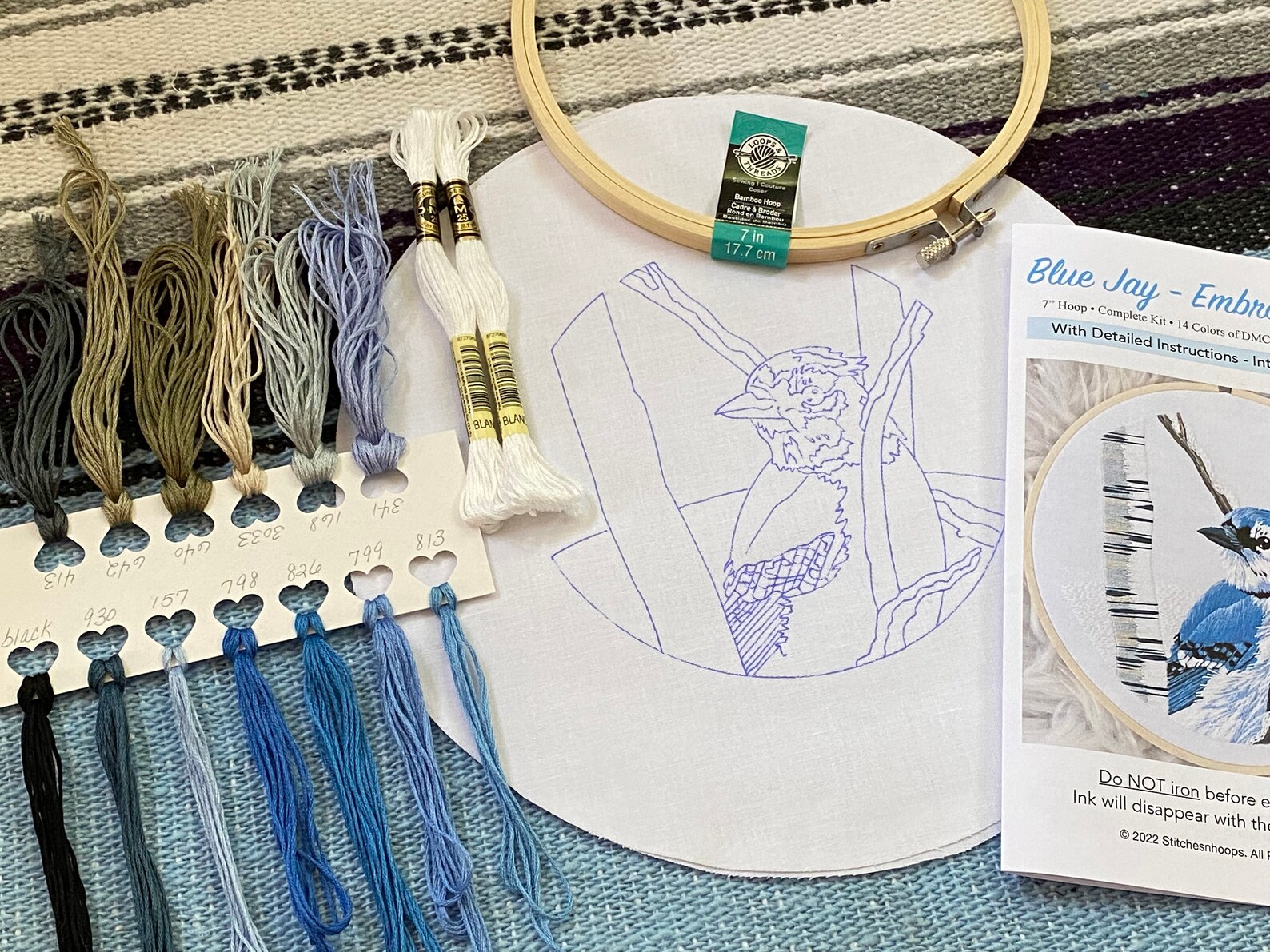 Blue Jay Embroidery Kit, Complete Kit, Detailed Instructions, DMC Floss ...