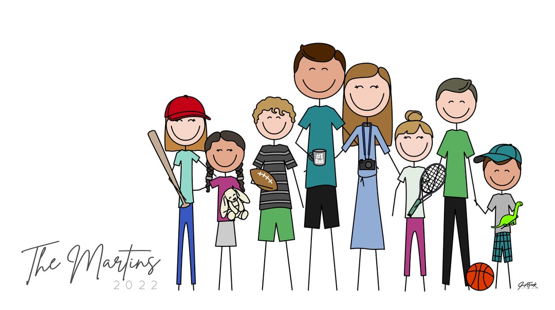 Custom Family Portrait of 7-8: Stick Figure Family (+ Pets!). Family ...