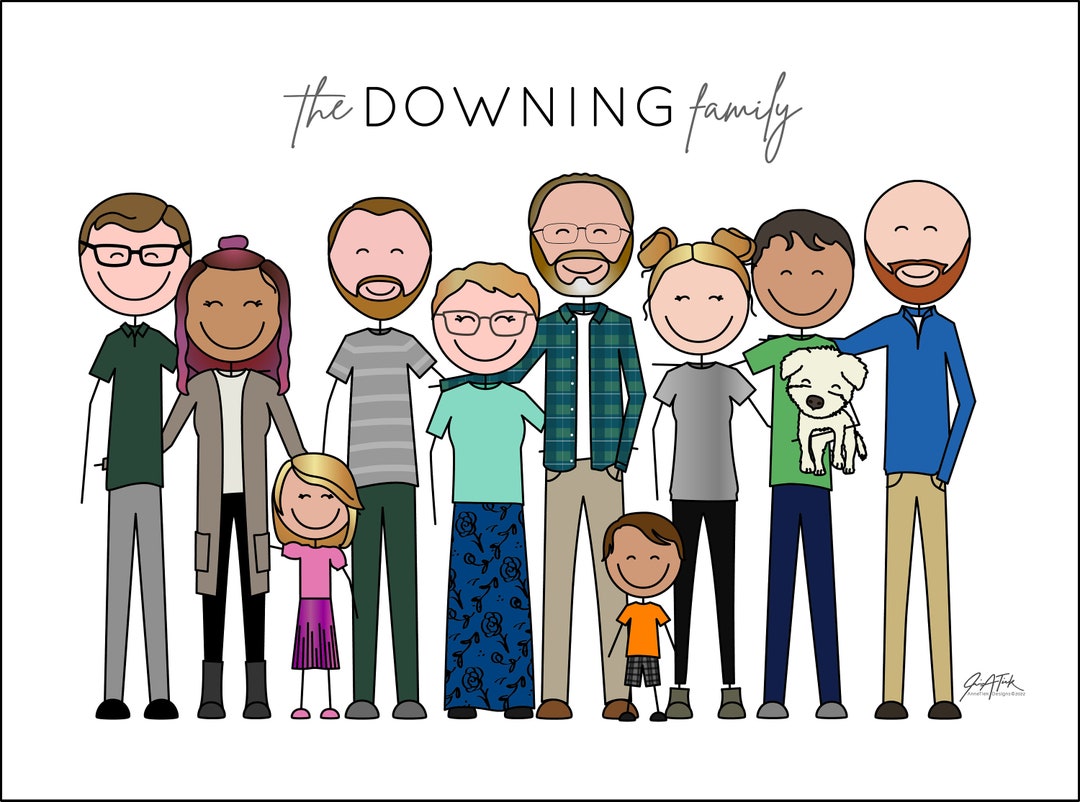Custom Family Portrait of 9-10: Stick Figure Family (+ Pets!). Family ...
