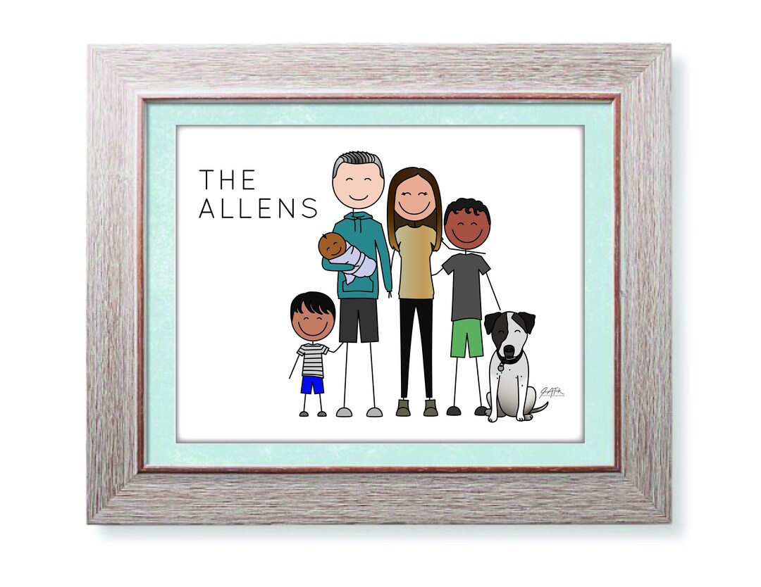 Custom Family Portrait of 3-4: Stick Figure Family (+ Pets!). Family ...
