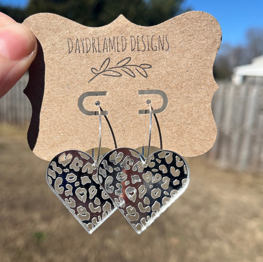 Acrylic Silver Heart Engraved Leopard Print Hoop Earrings, Leopard ...