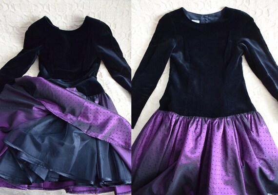 1980s Laura Ashley black and purple taffeta dress, 80… - Gem