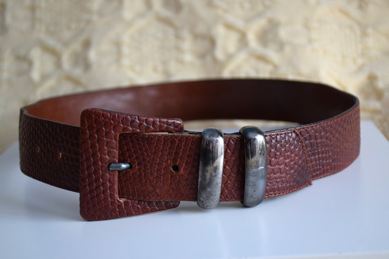 Vintage 90s Brown Pattern Leather Belt High Waist Statement - Etsy