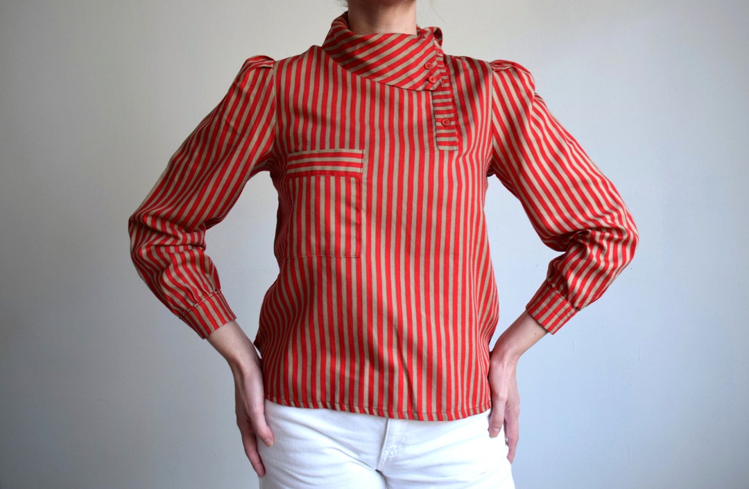 Vintage 80s Beige and Red Striped Blouse, Shawl Collar Blouse, High ...