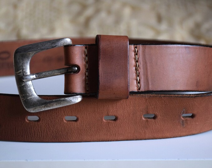 Vintage 90s High Waist Brown Leather Belt With a Big Silver Metal Belt ...