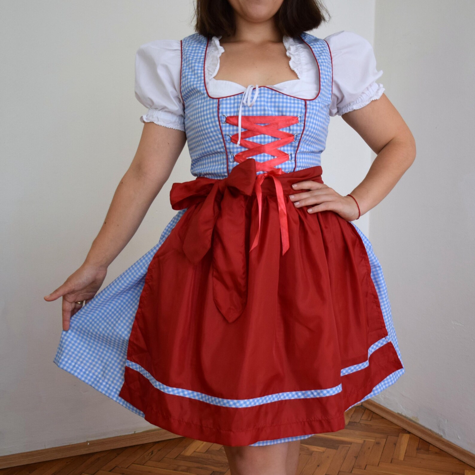 Vintage Gingham Dirndl Dress: Blue & White Oktoberfest Folk Dress, Red ...