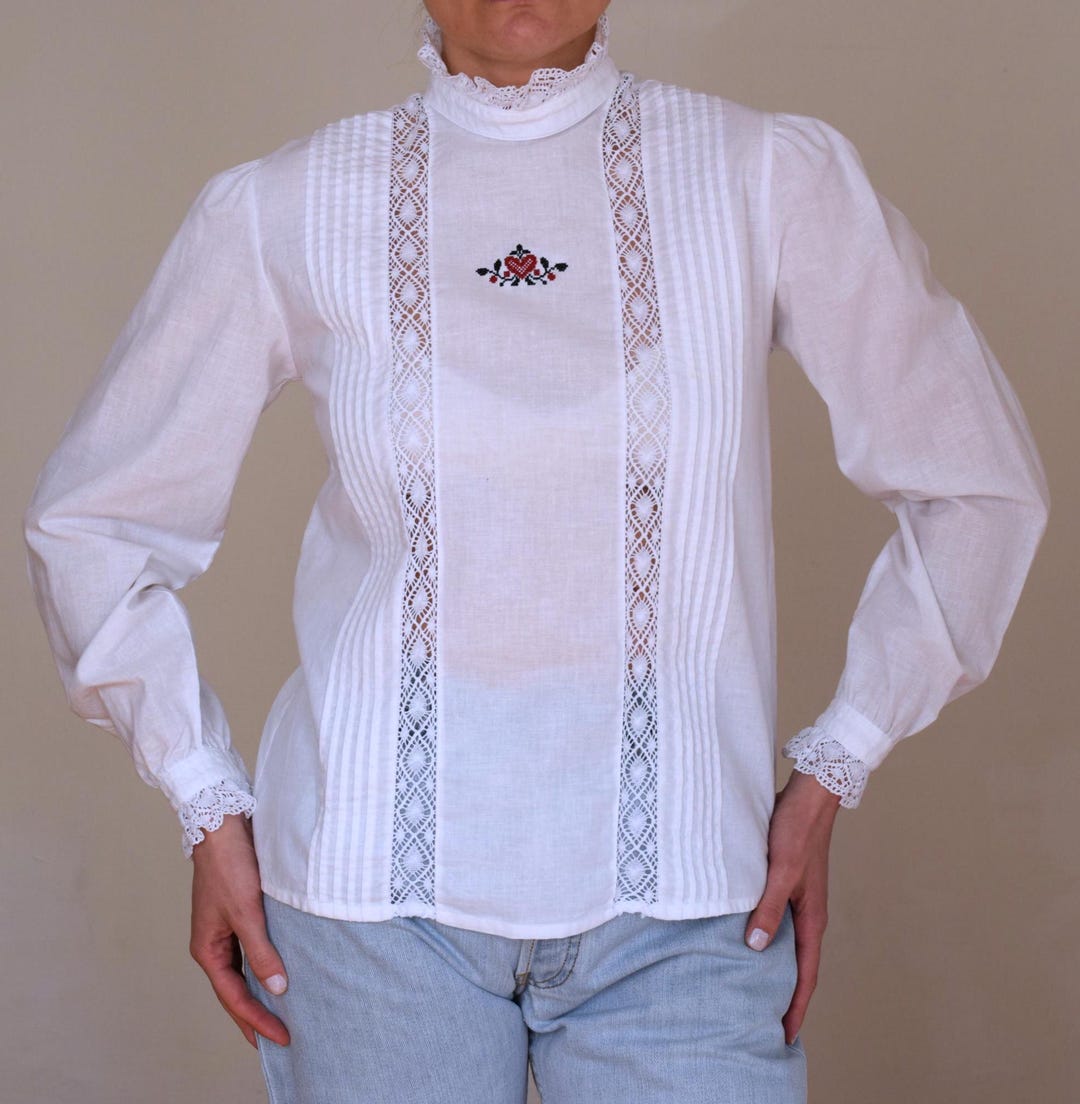 Vintage 80s Austrian Folk Blouse: White Lace Embroidery, High Neck - S ...