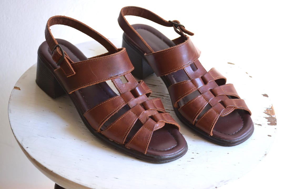 Vintage 90s Chunky Heel Sandals, Strappy Slingback Sandals, Woven ...