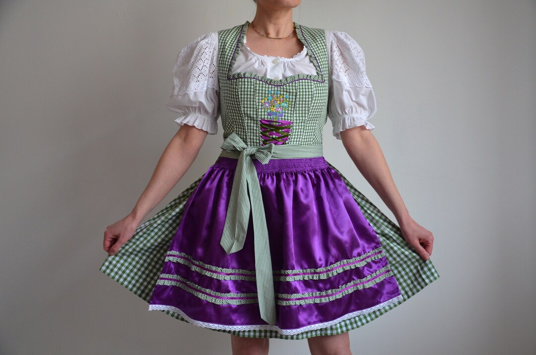 Vintage Green and Purple Dirndl Dress With Apron, Check Pattern Dress ...