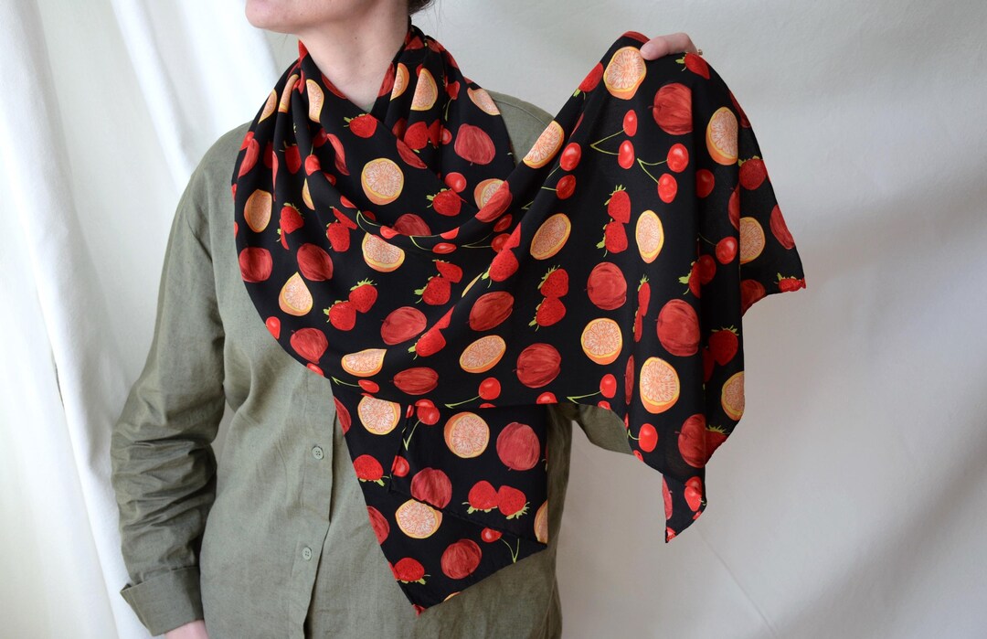 Vintage 90s Fruit Print Silk Scarf: Black & Red - Etsy