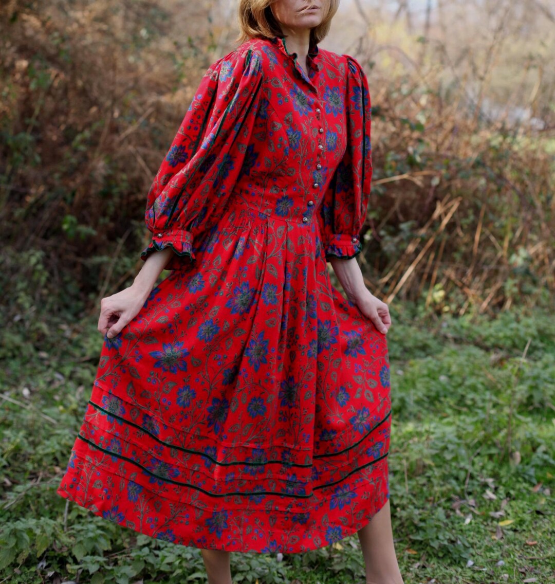 80s Sportalm Red Floral Dress With Puff Sleeves, Peasant Folk Festival ...