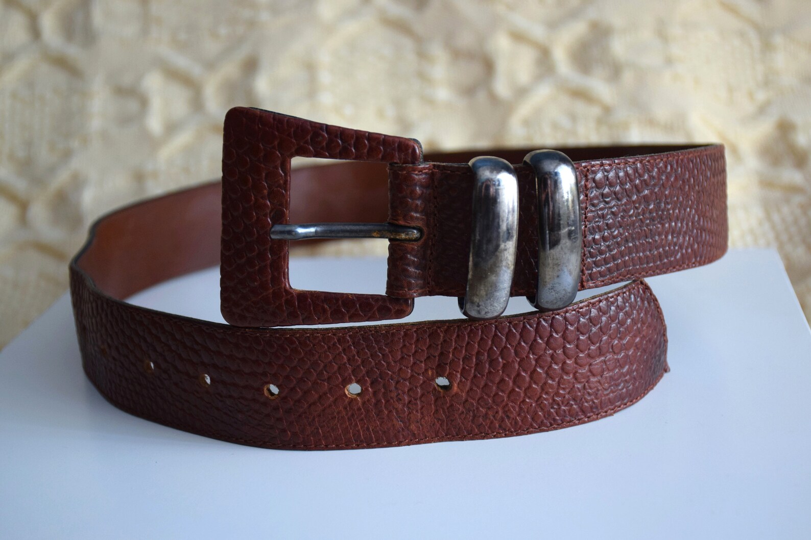 Vintage 90s brown pattern leather belt high waist statement | Etsy