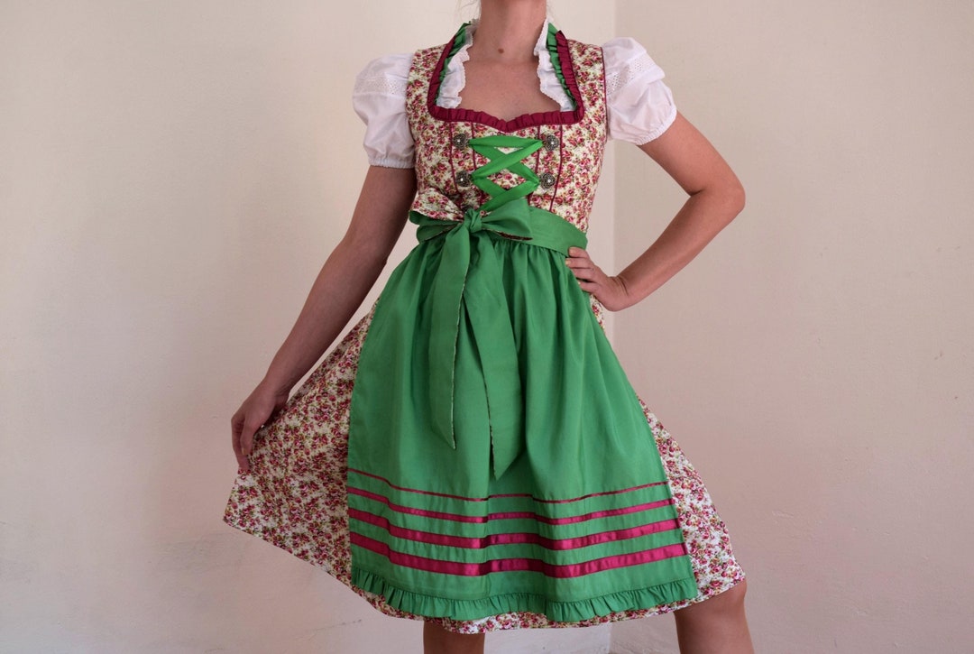 Vintage Floral Dirndl Dress With a Green Apron, Roses Corset Folk Dress ...