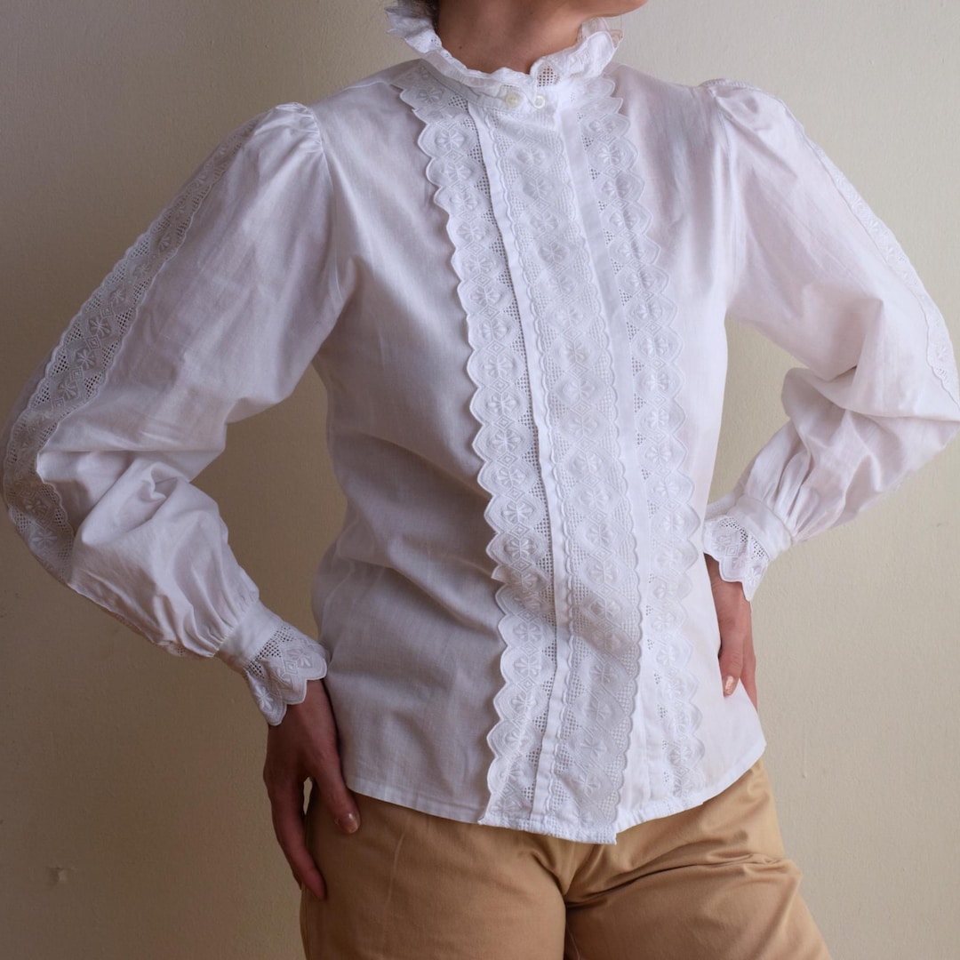 1980s Austrian Folk Blouse With Puff Sleeves, Ruffled Collar White ...