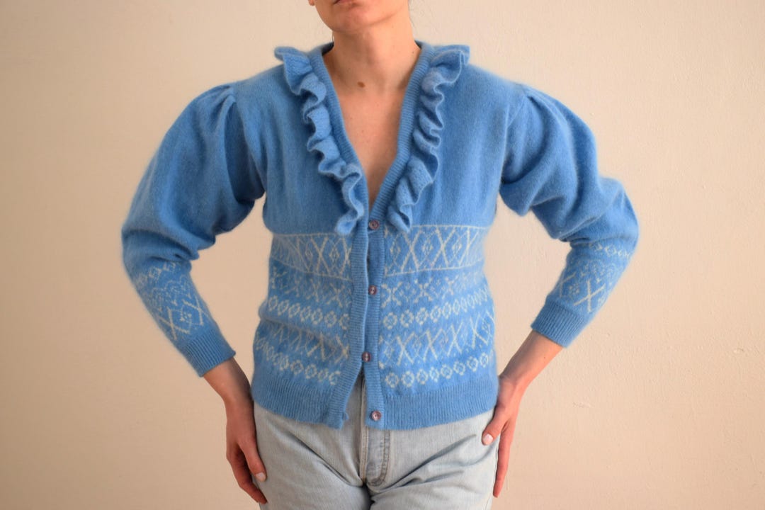 1980s Angora Wool Cardigan, Baby Blue Nordic Knit, Puff Sleeve, S/M - Etsy