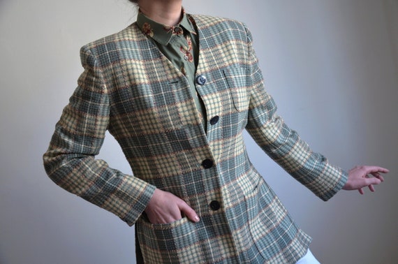 Vintage 90s JAEGER mint green and cream check pattern… - Gem