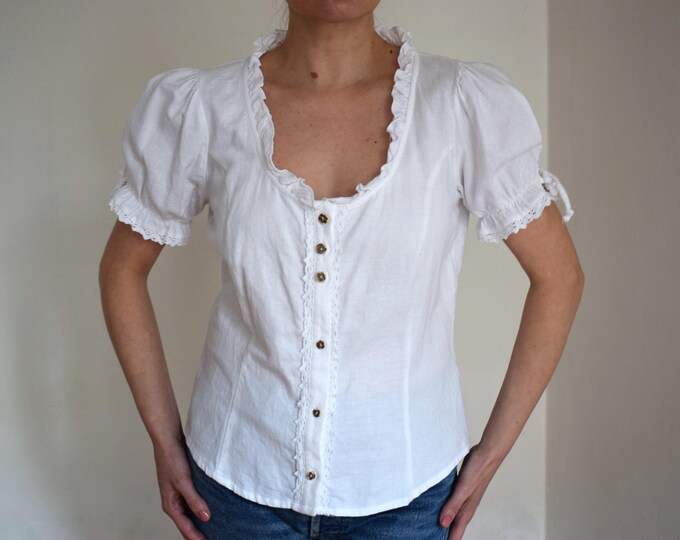 Vintage Dirndl Folk Blouse, Frills Cottage Core Blouse, White Peasant ...