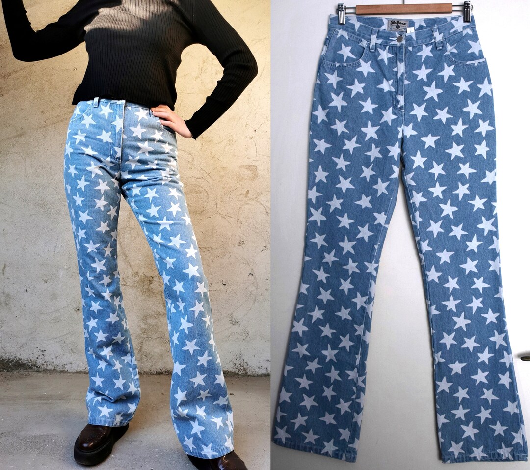 Vintage 90s Light Blue Flare Jeans, Stars Pattern Light Blue Jeans ...