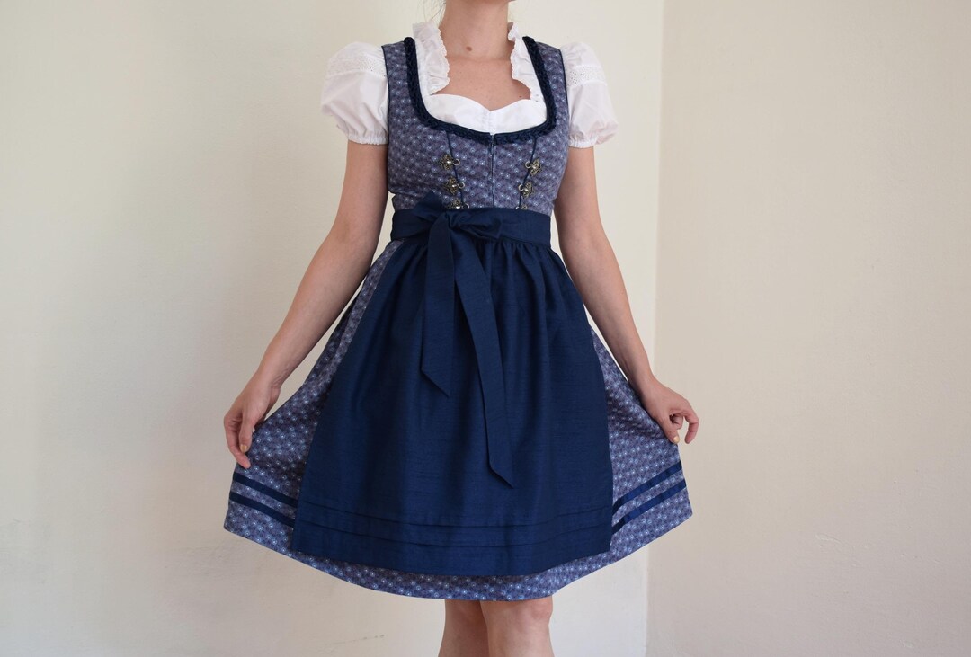 Vintage Blue Floral Dirndl Dress With an Apron, Flower Corset Folk ...