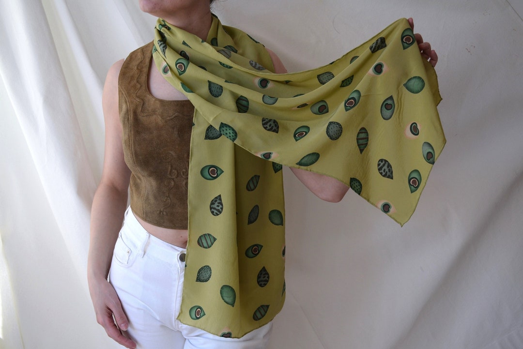 Vintage 90s Avocado Print Green Silk Scarf, Fruit Print Scarf ...