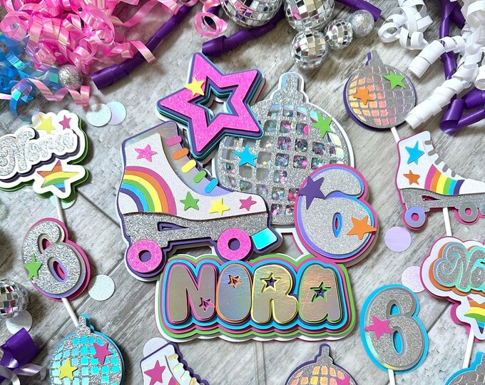 Rainbow Retro Roller Disco Ball Rollerskate Skate Glitter Shaker Cake ...