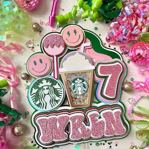 Preppy Starbies Coffee Smile Preppy Checkered Pink Green Cake Topper - Etsy