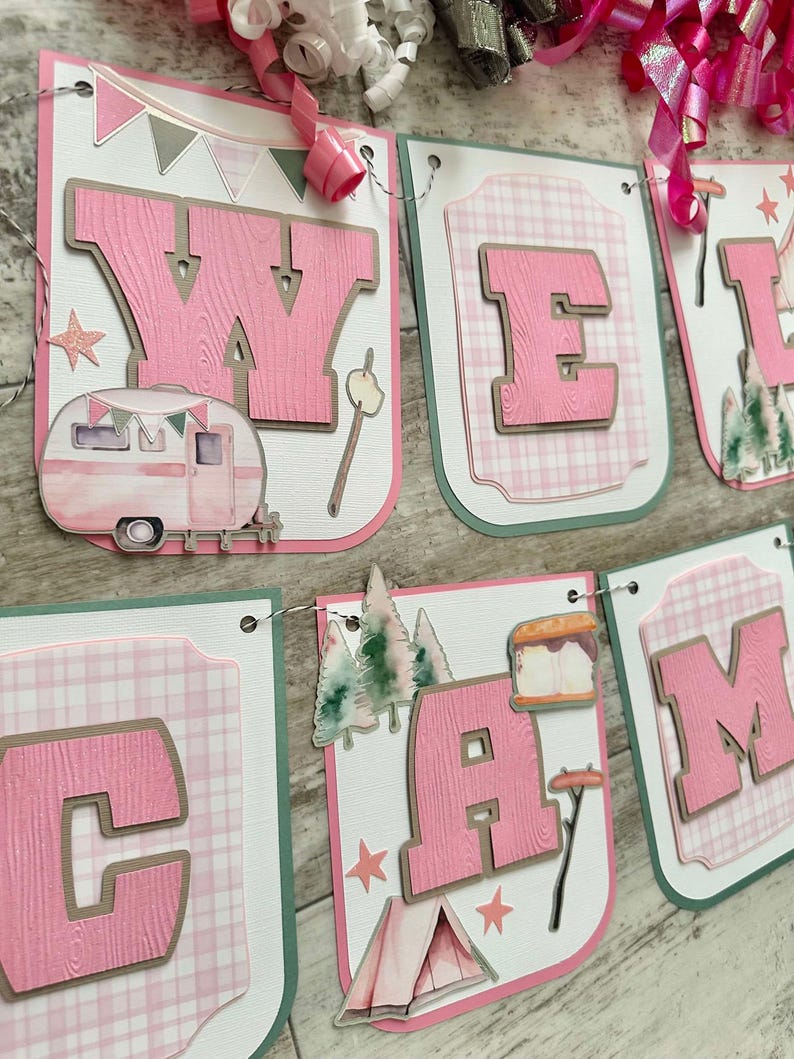 Glamping Camping Girly Camper Sage Pink Gingham Hot Dogs Smores ...