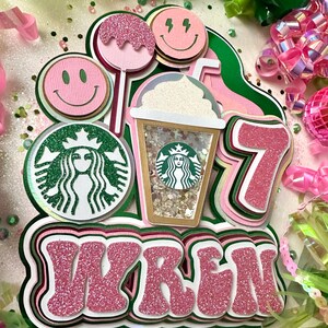 Preppy Starbies Coffee Smile Preppy Checkered Pink Green Cake Topper - Etsy