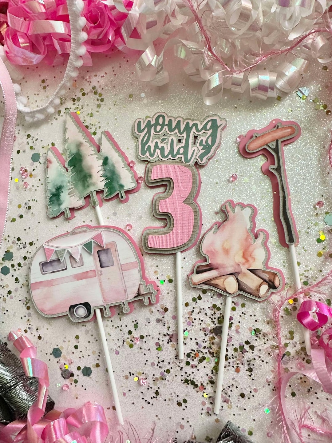 Glamping Camping Smores Hot Dogs Girly Pink Gingham Camper Glitter ...