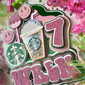 Preppy Starbies Coffee Smile Preppy Checkered Pink Green Cake Topper - Etsy