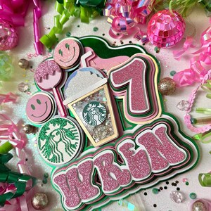 Preppy Starbies Coffee Smile Preppy Checkered Pink Green Cake Topper - Etsy