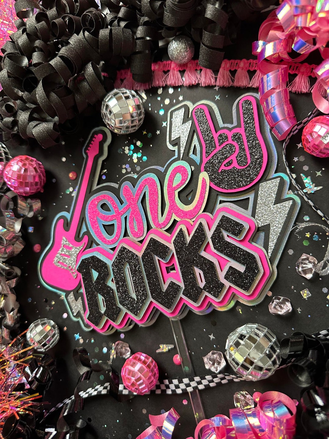 One Rocks Hot Pink Holographic Silver Rock N Roll Born to Rock Theme ...