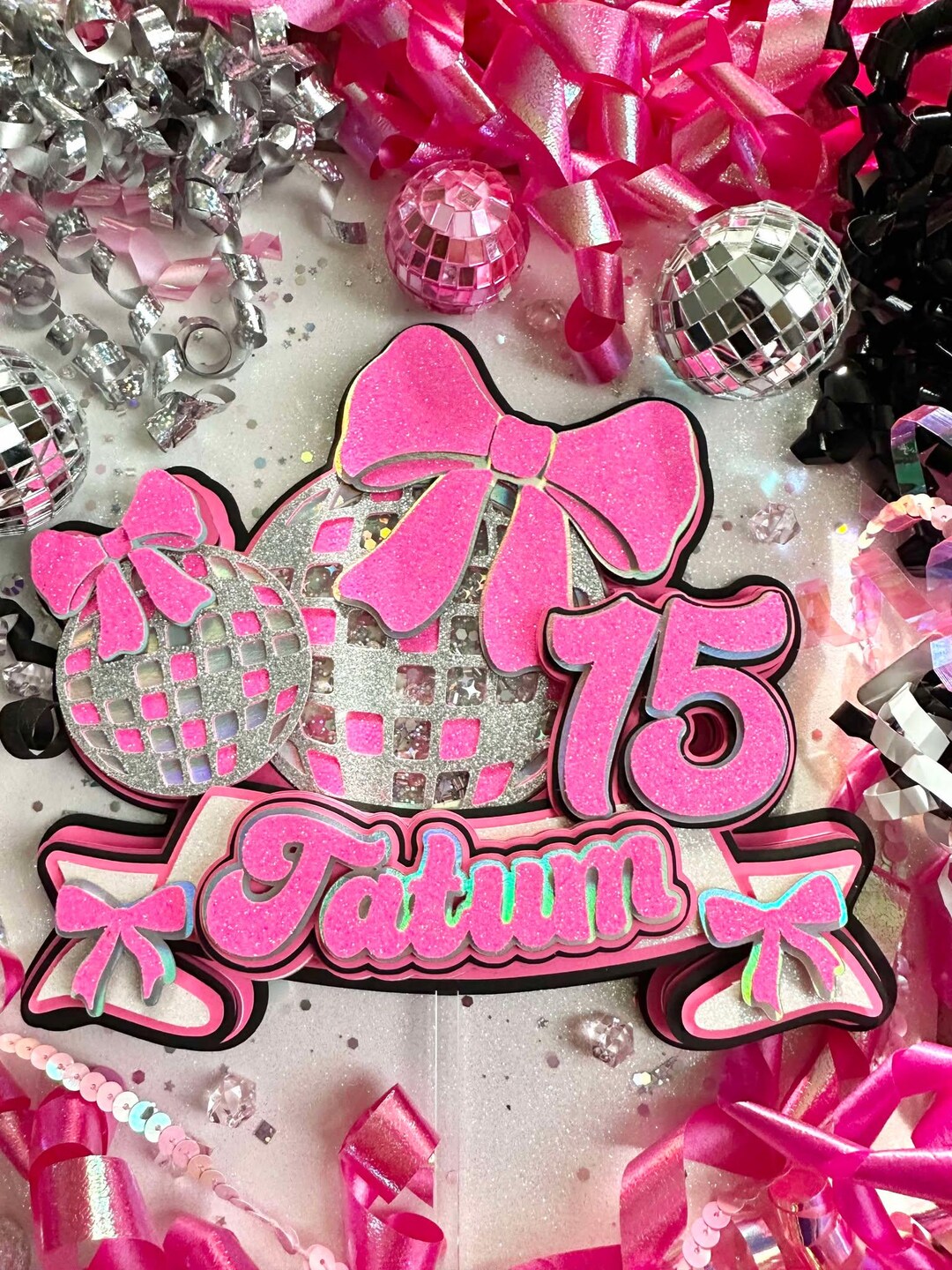 Coquette Aesthetic Bow Disco Silver Pink Black Glitter Shaker Cake ...
