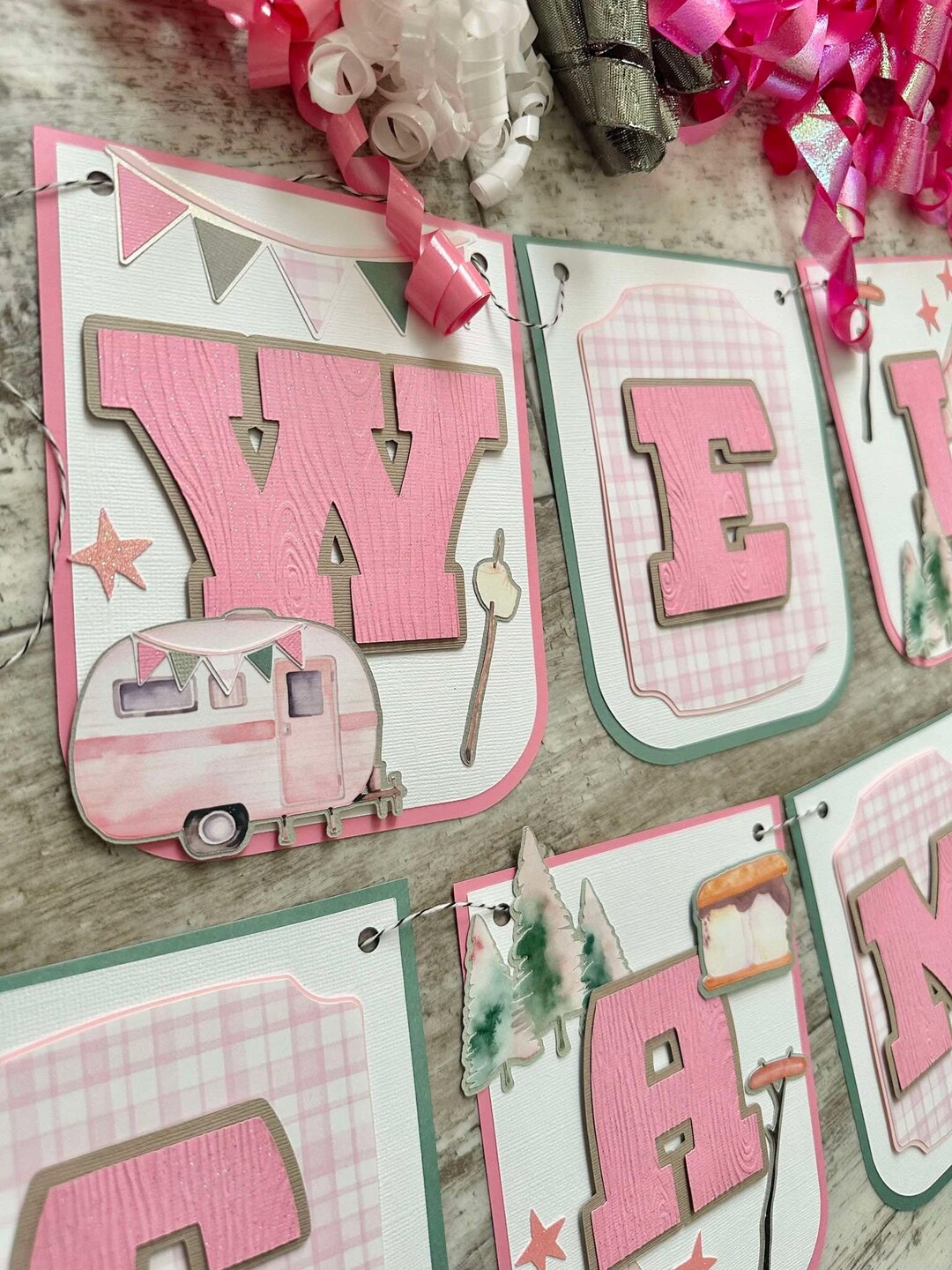 Glamping Camping Girly Camper Sage Pink Gingham Hot Dogs Smores ...