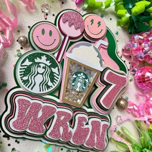 Preppy Starbies Coffee Smile Preppy Checkered Pink Green Cake Topper - Etsy