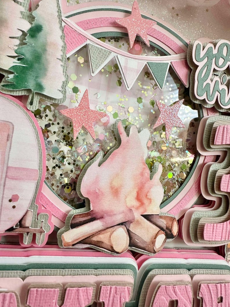 Glamping Camping Smores Hot Dogs Girly Pink Gingham Camper Glitter ...