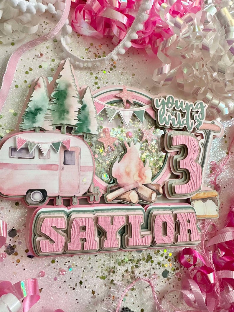 Glamping Camping Smores Hot Dogs Girly Pink Gingham Camper Glitter ...