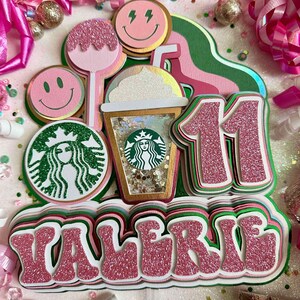 Preppy Starbies Coffee Smile Preppy Checkered Pink Green Cake Topper - Etsy