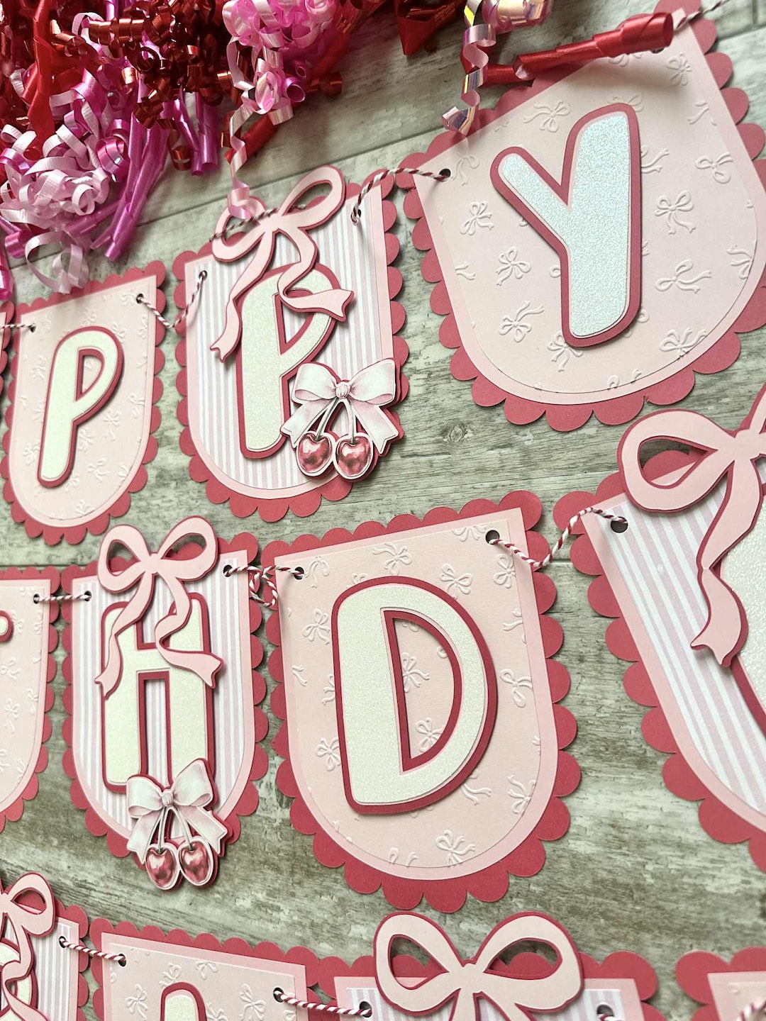 Coquette Bows Cherry Cherries Pink Red Birthday Banner - Etsy
