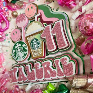 Preppy Starbies Coffee Smile Preppy Checkered Pink Green Cake Topper - Etsy