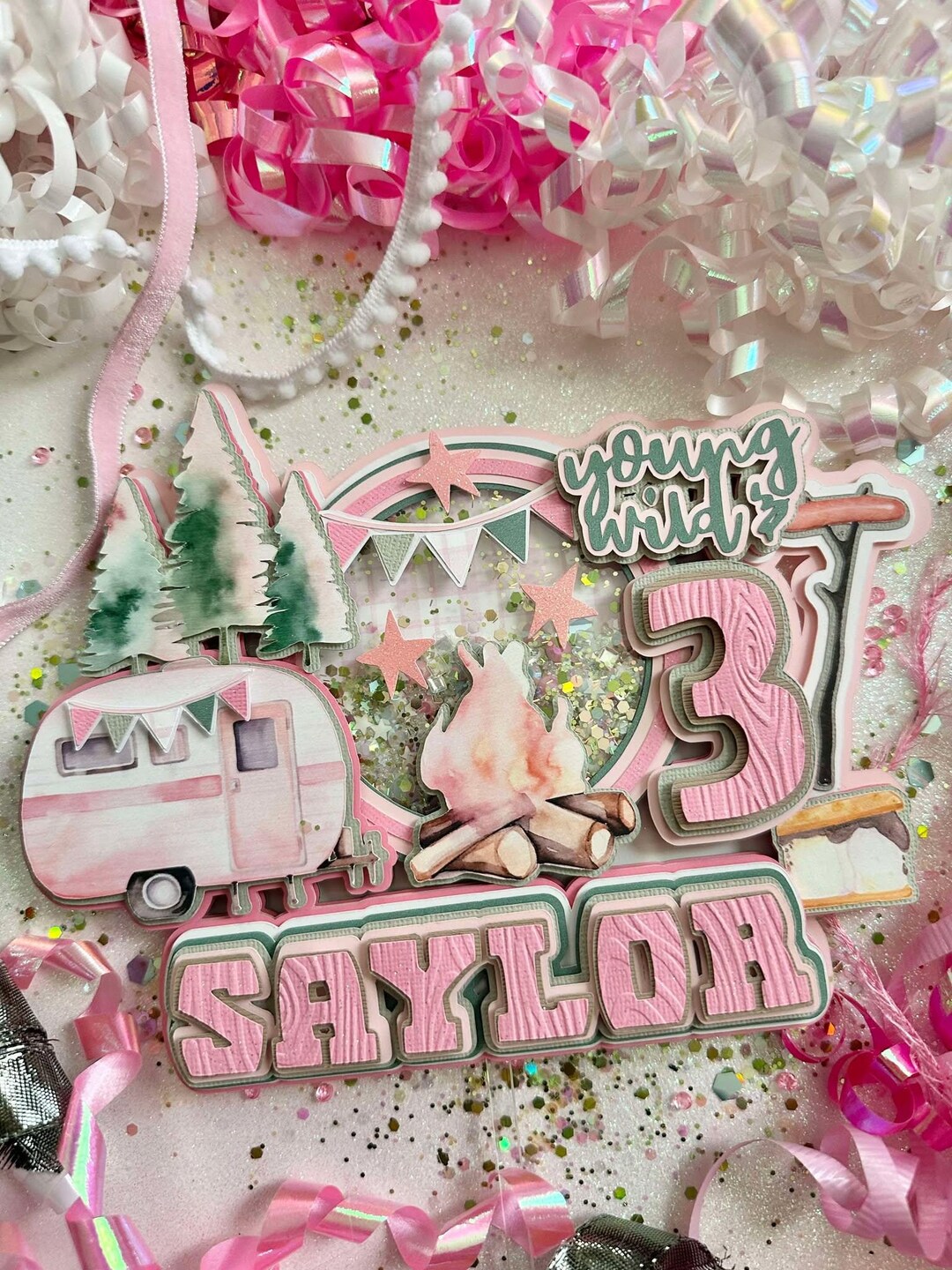 Glamping Camping Smores Hot Dogs Girly Pink Gingham Camper Glitter ...