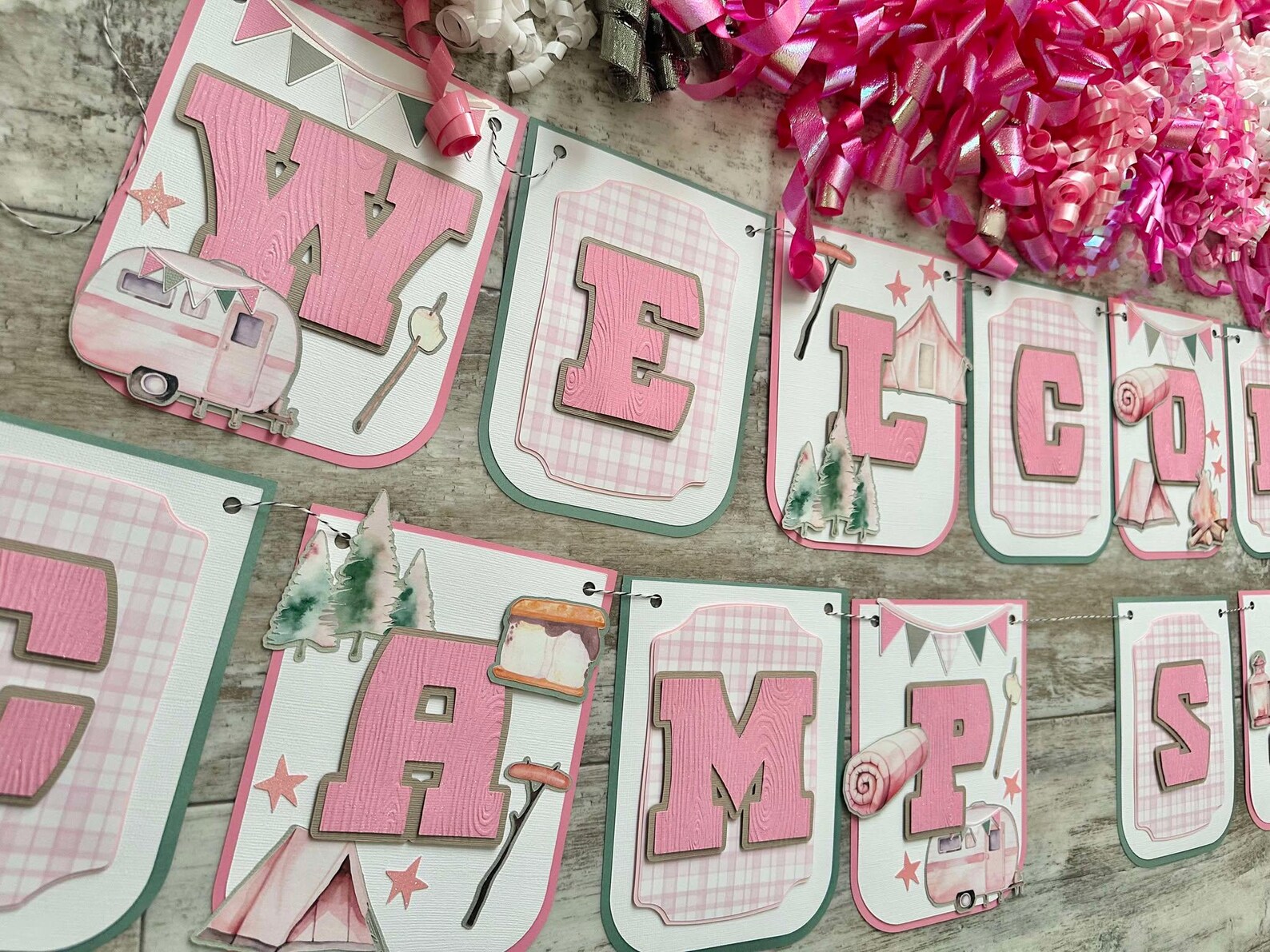 Glamping Camping Girly Camper Sage Pink Gingham Hot Dogs Smores ...